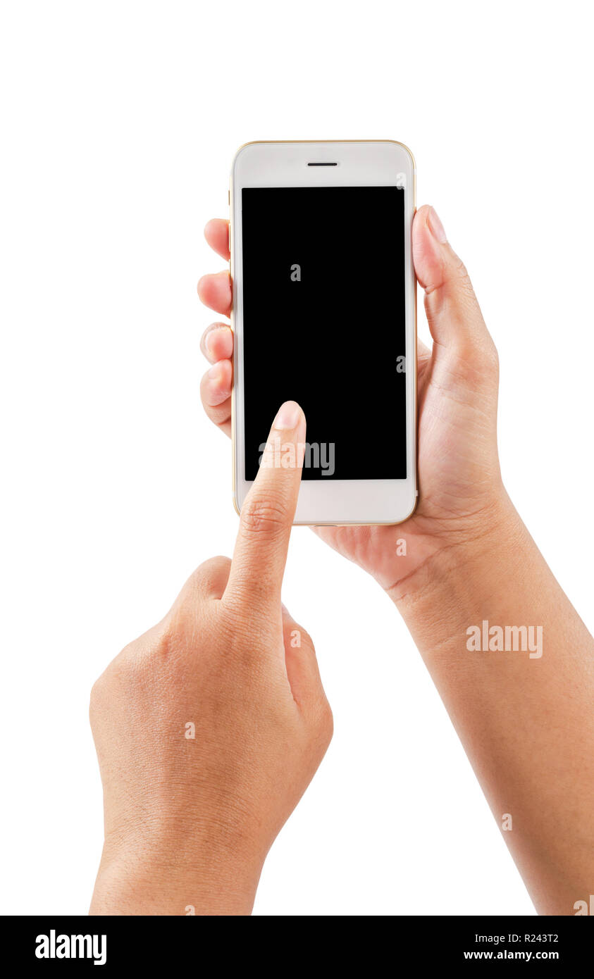 closeup hand using phone isolated on white background, save clipping ...