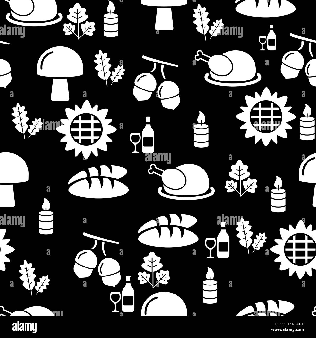 Autumnal Thanksgiving black and white seamless pattern with turkey and ...