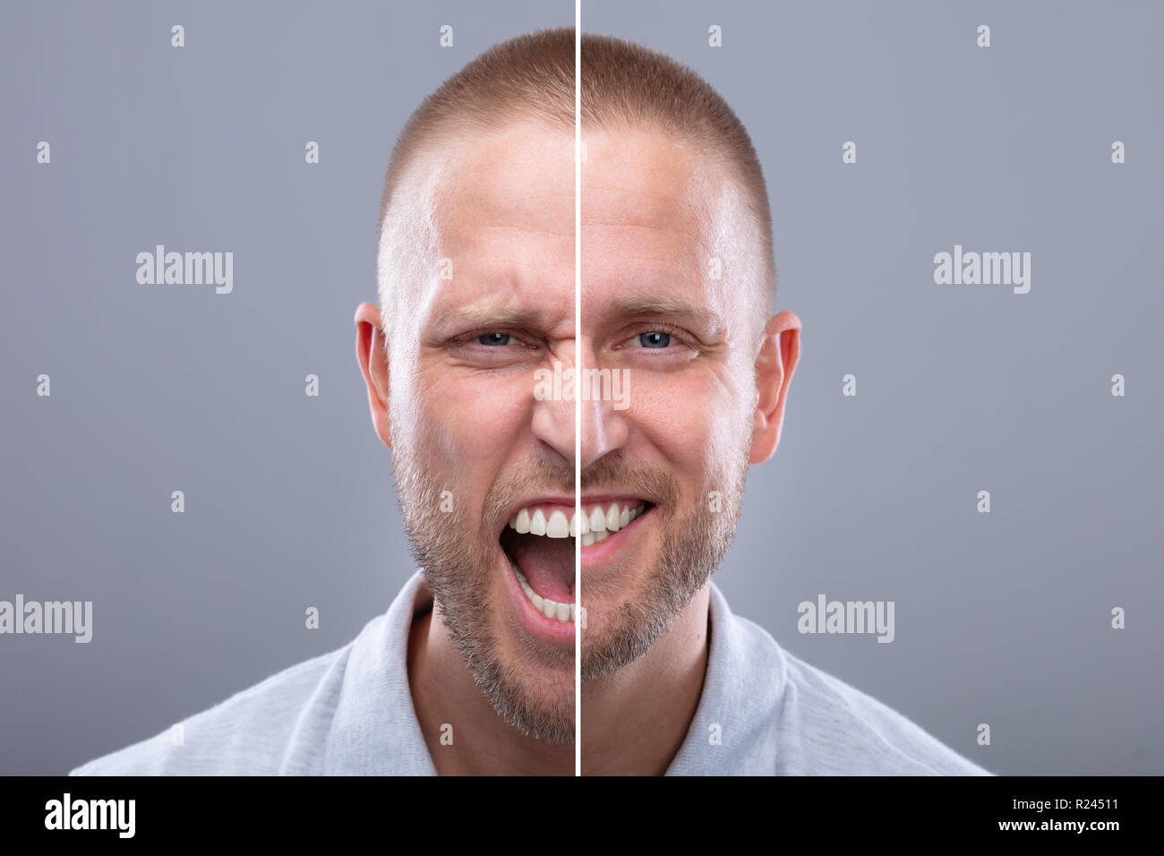 Portrait Of A Man's Face Showing Anger And Happy Emotions On Grey ...