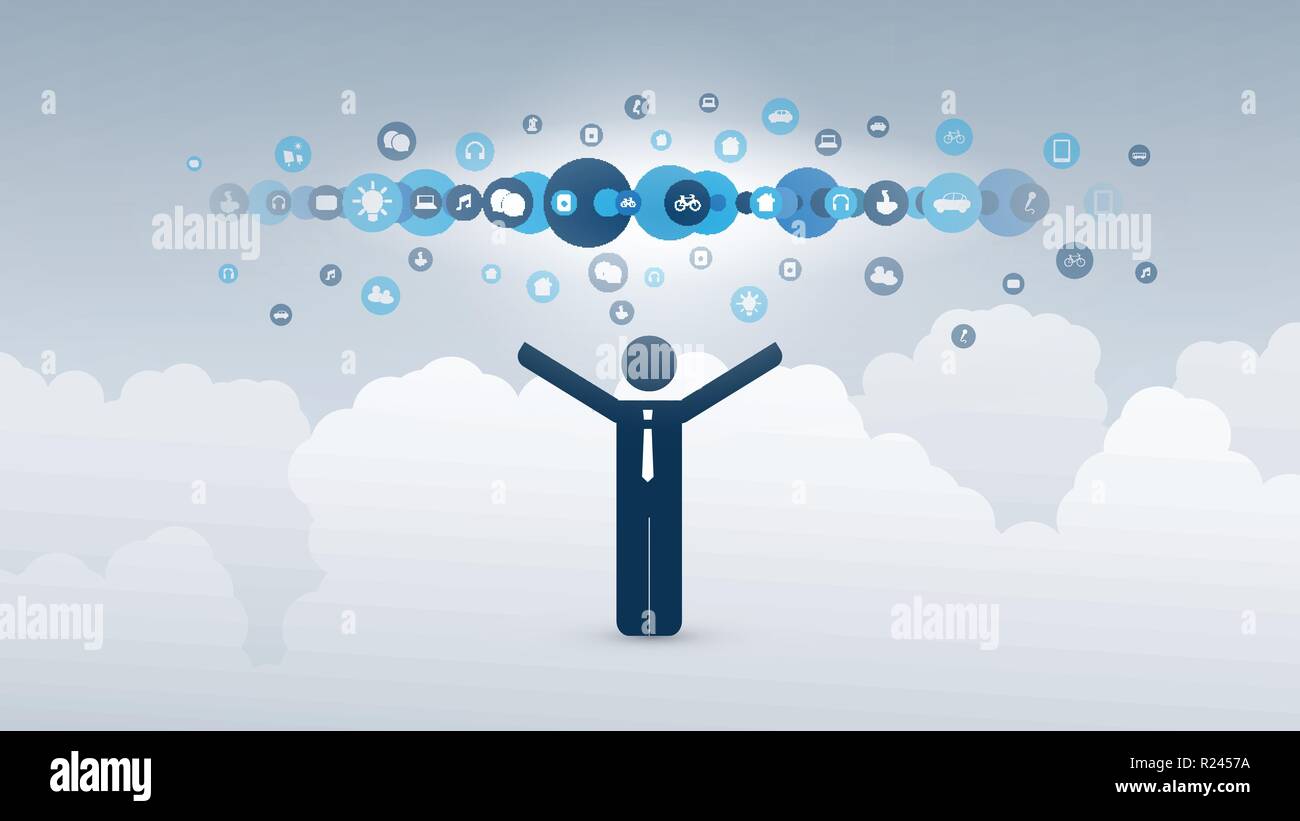 Cloud Computing Design Concept with a Standing Business Man and Icons - Digital Network ...
