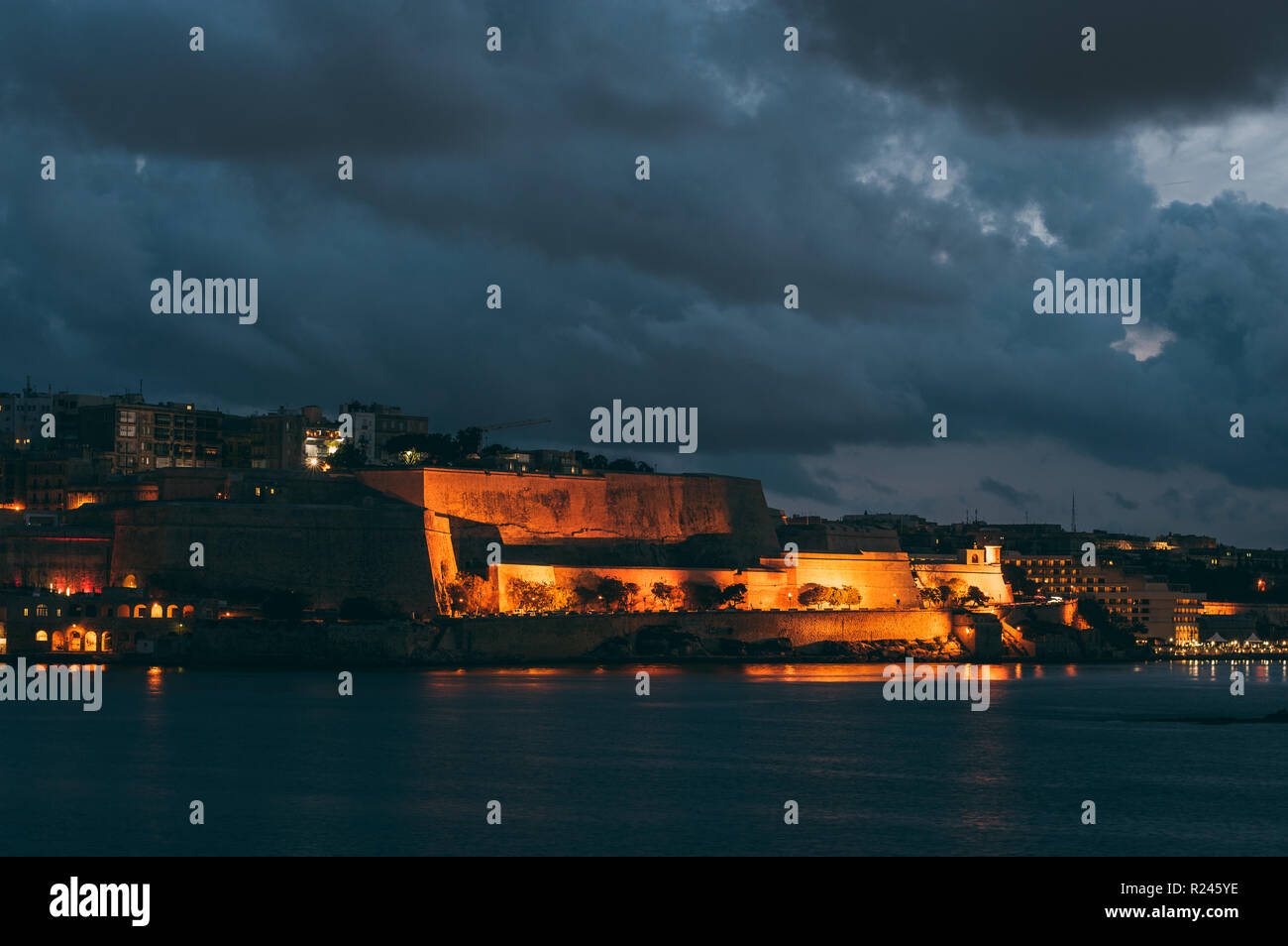 Beautiful view from Sliema to Valletta in the night, Malta Stock Photo ...