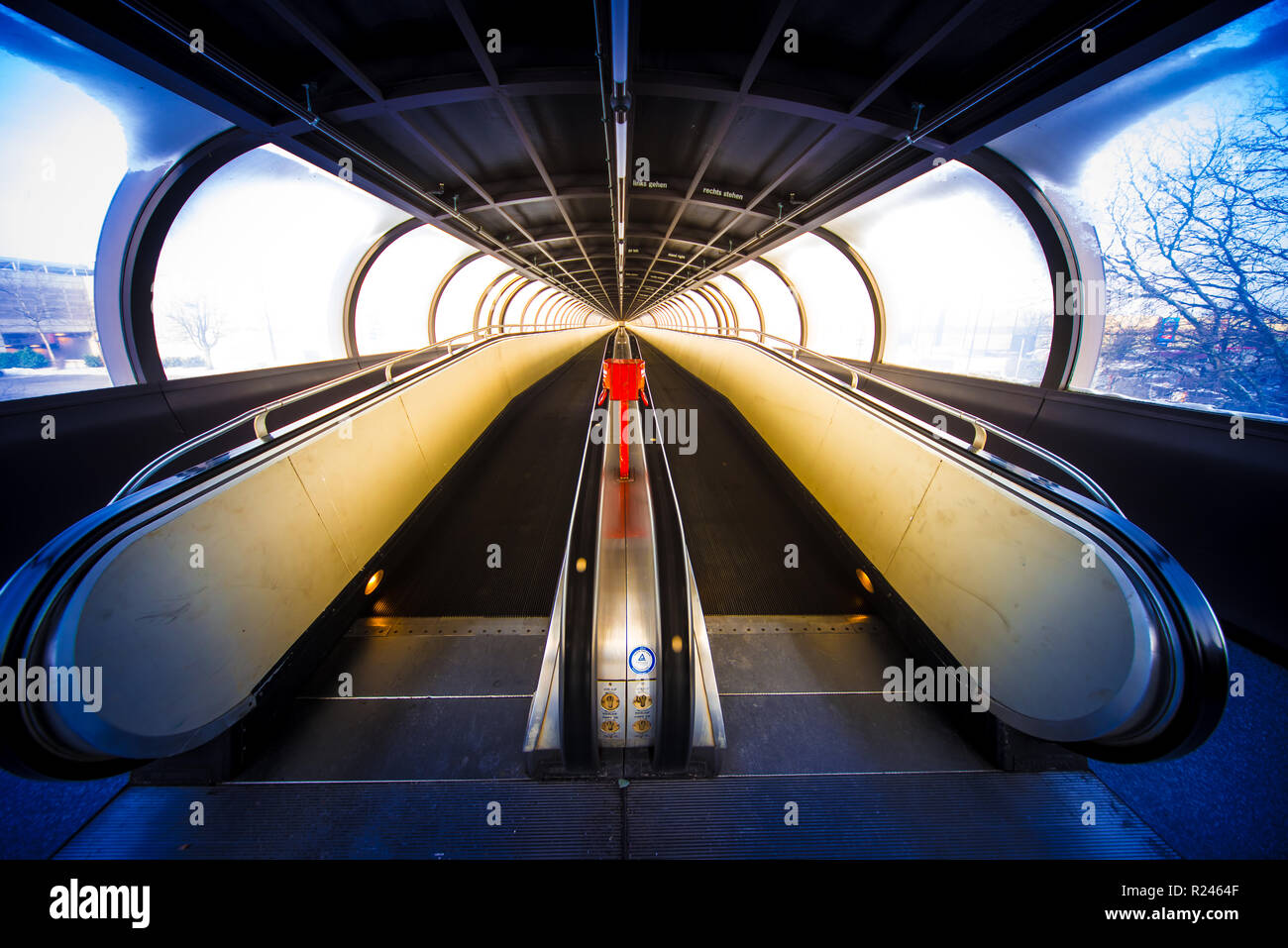 Travelator moving walkway tunnel dynamic perspective, fair Messe ...