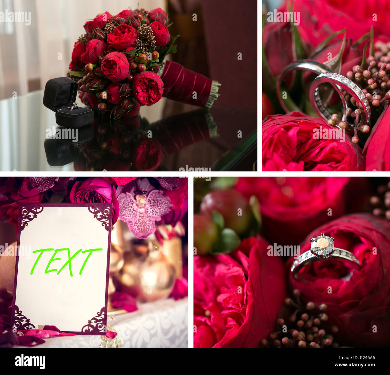 Collage of wedding photos. Ring in a box of brand, bridal bouquet ...