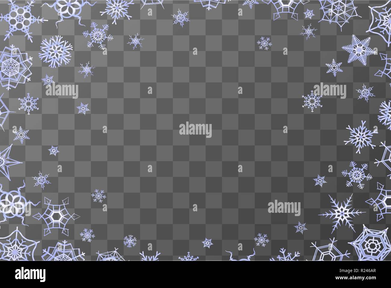 Horizontal frozen frame with lots of blue snowflakes on transparent ...