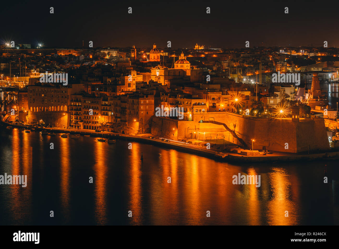 Fort St. Angelo, night Il-Birgu , view from Valletta, Malta Stock Photo ...