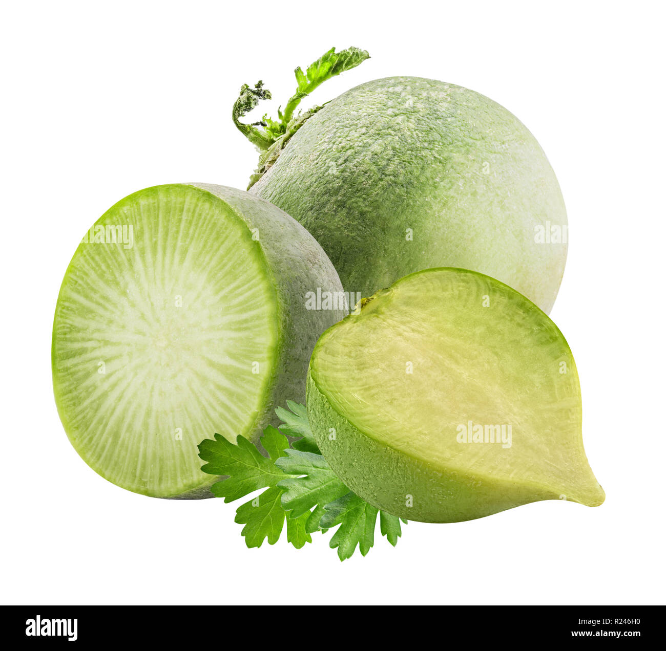 Fresh green raw redishes isolated on white background with shadow ...