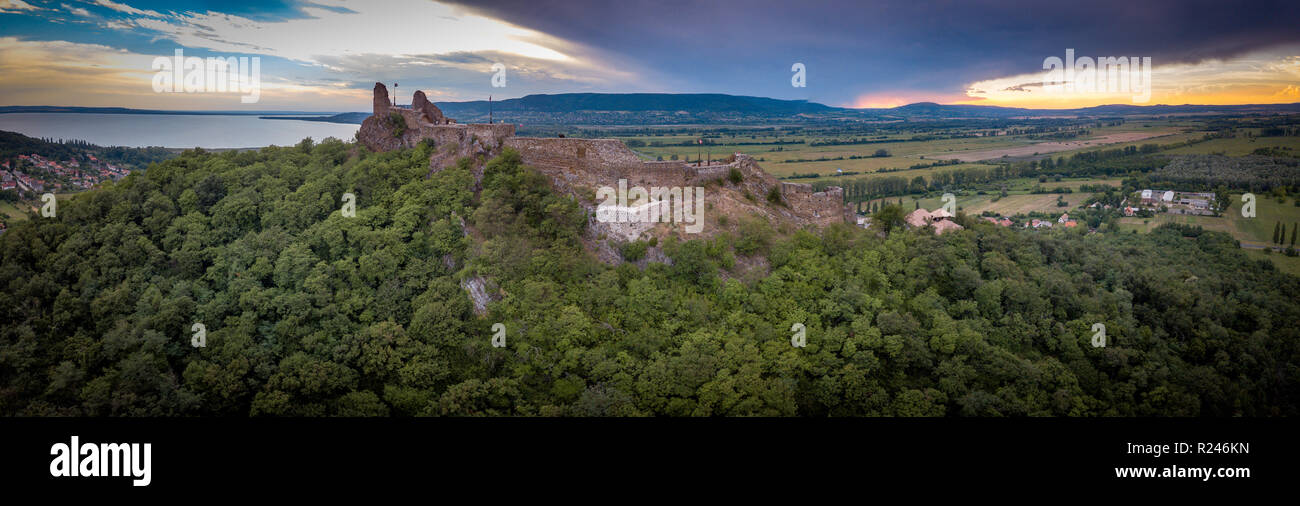 Aerial panorama of medieval castle ruin at Szigliget near the Lake ...