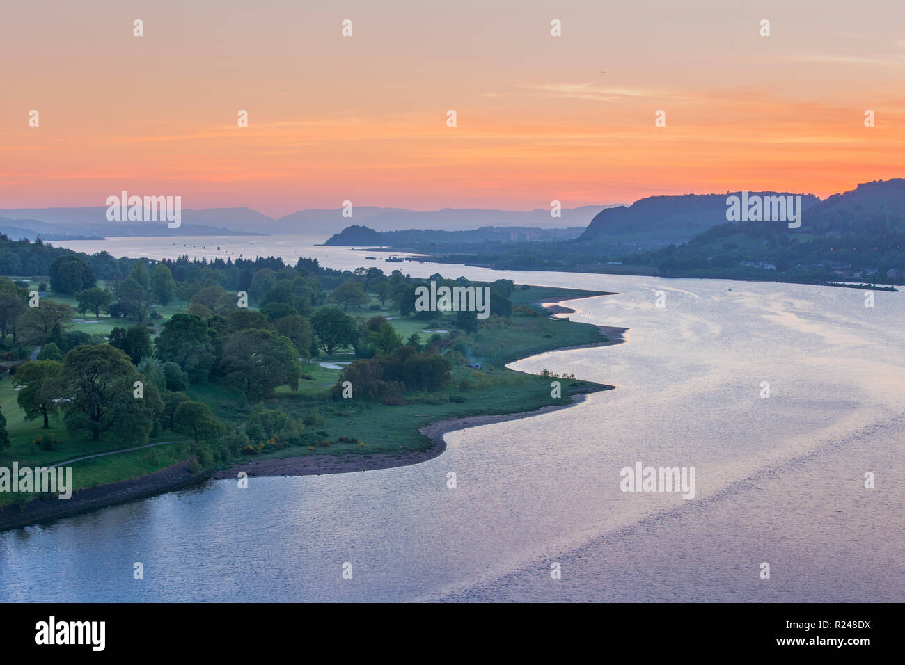 Dusk over River Clyde viewed from the Erskine Bridge, Scotland, United ...