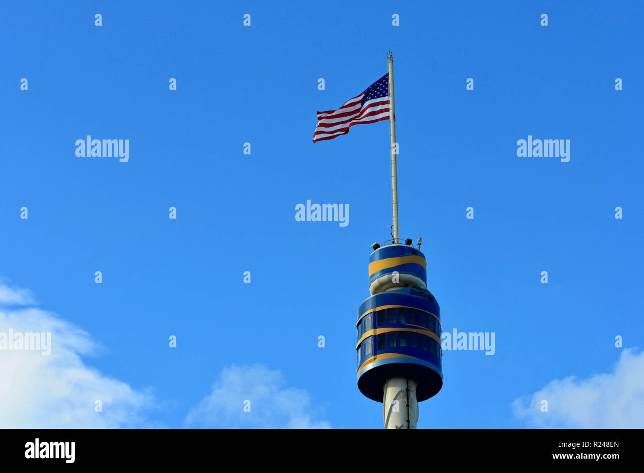 Orlando, Florida. October 06, 2018. Top view Sky Tower and USA Flag at ...