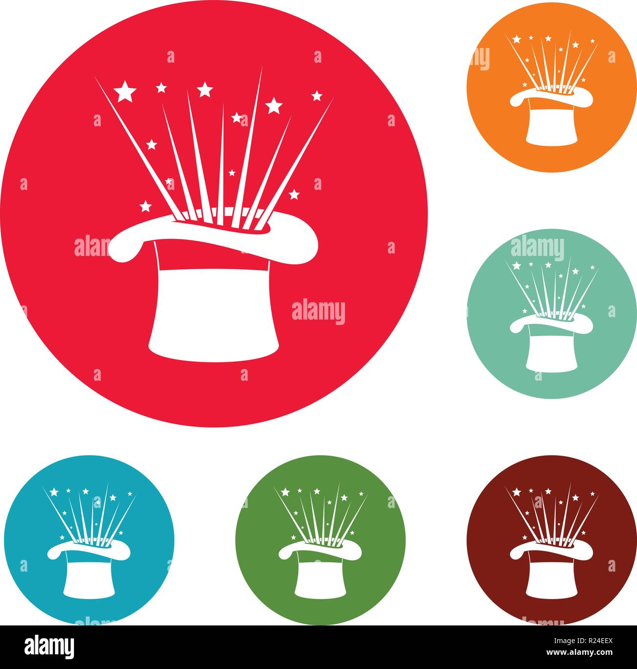 Hat and firework icons circle set vector isolated on white background ...