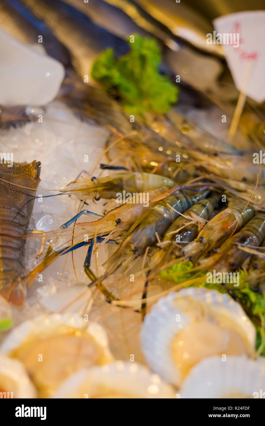 Thai raw blue prawns on local market in Krabi town. Traditional way of ...