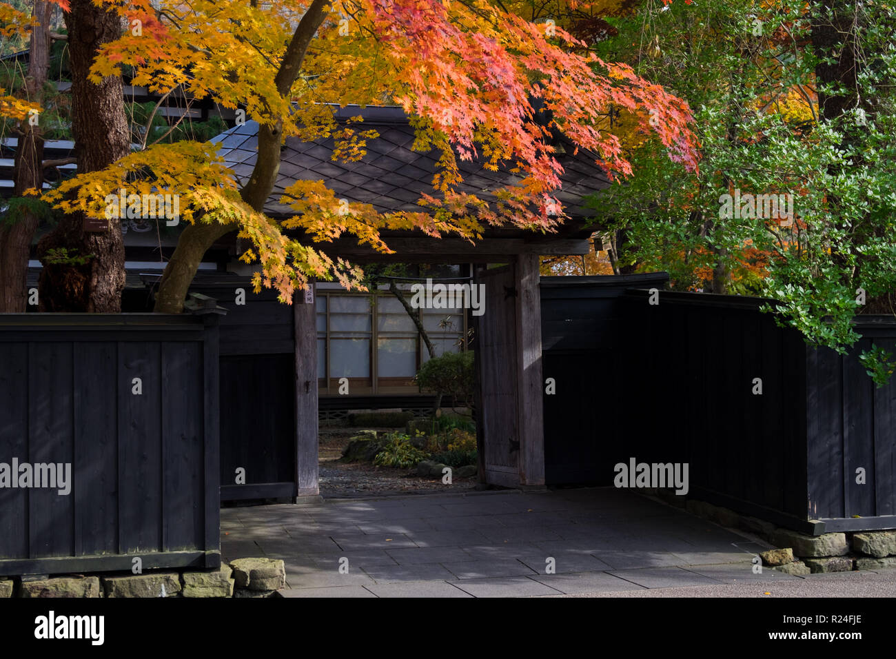 A traditional Japanese gate along Bukeyashiki street during the height ...
