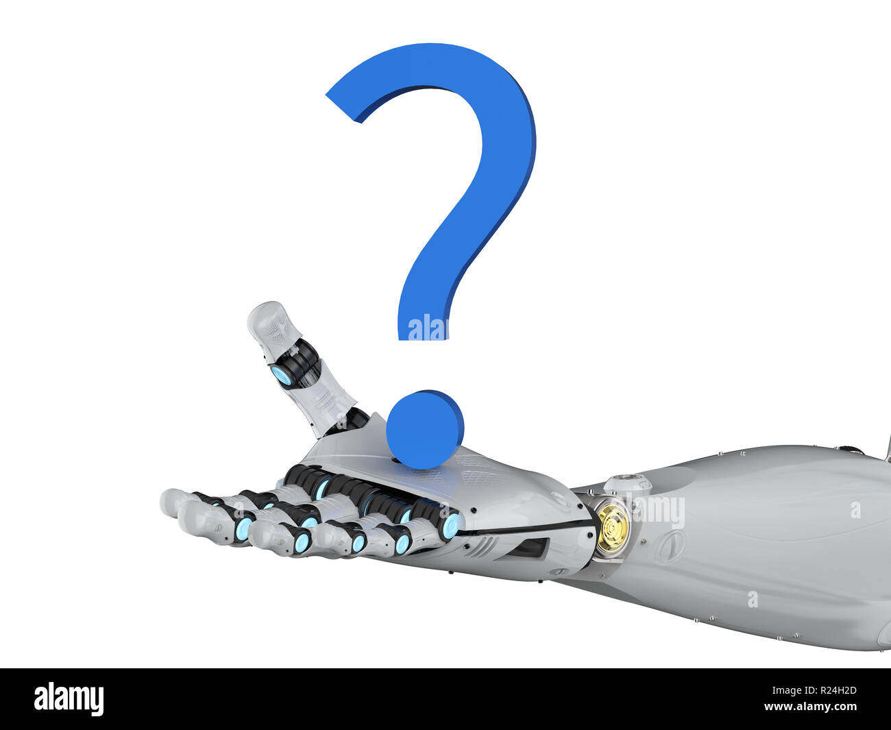3d rendering robot arm with blue question mark on white background ...