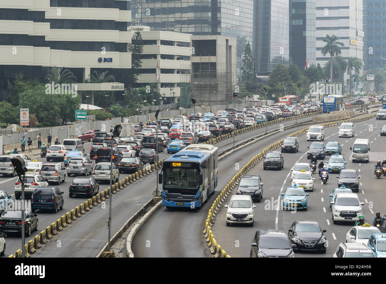 Jakarta, Indonesia - November 09 2018: A transjakarta bus uses its own ...