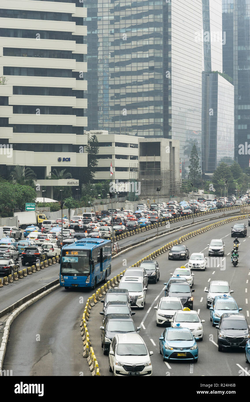 Jakarta, Indonesia - November 09 2018: A transjakarta bus uses its own ...