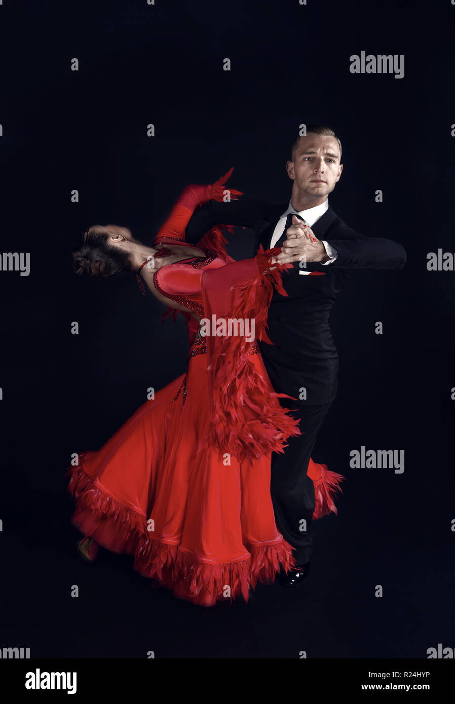 dance ballroom couple in red dress dance pose isolated on black ...
