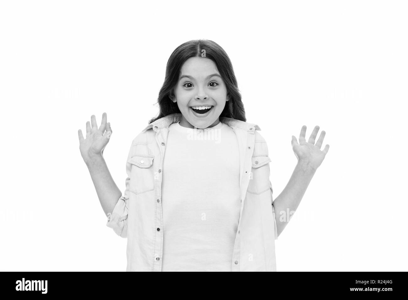 What a surprise. Child surprised smile isolated white background. Kid ...