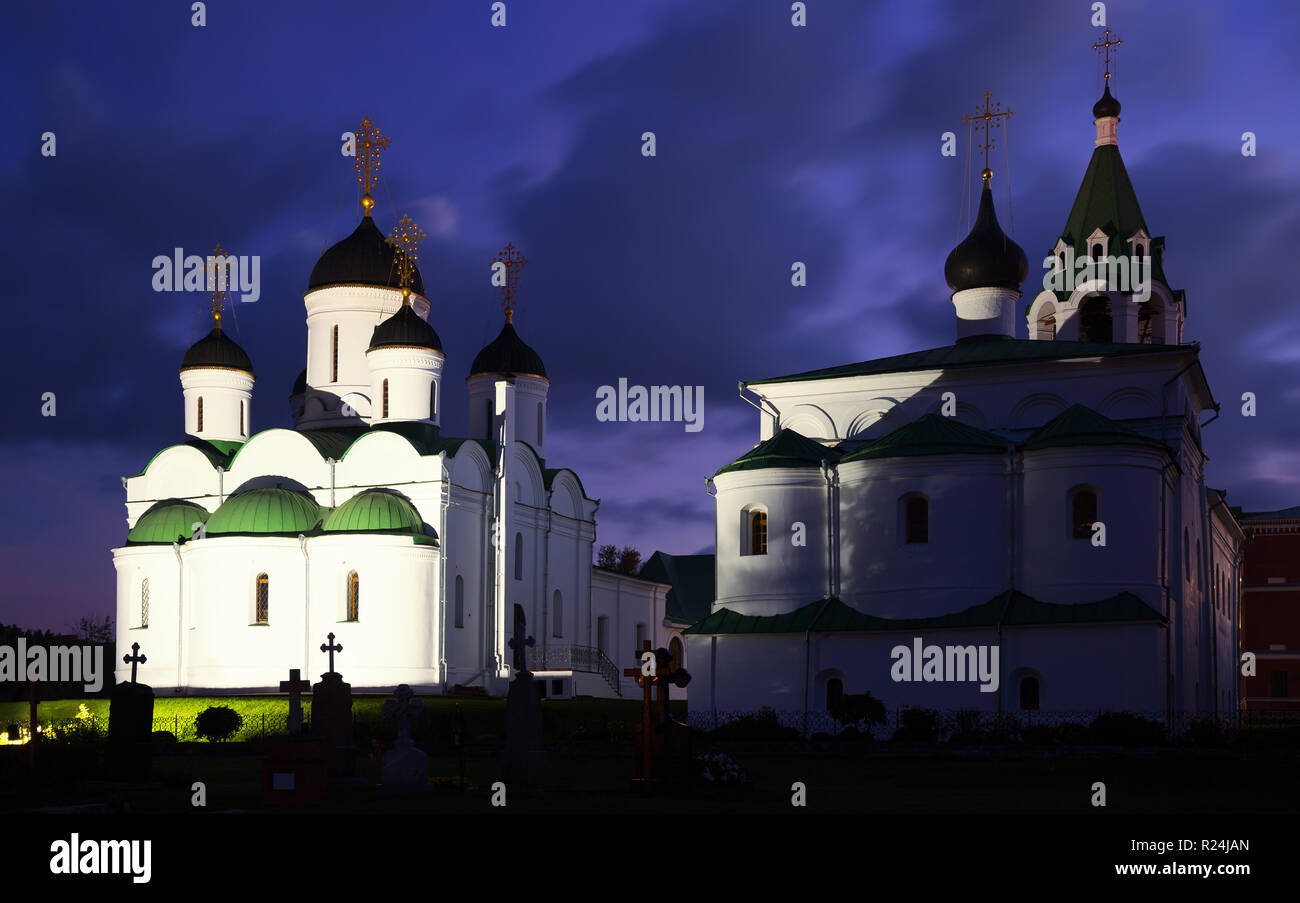 Night scene of illuminated russian orthodox transfiguration monastery ...
