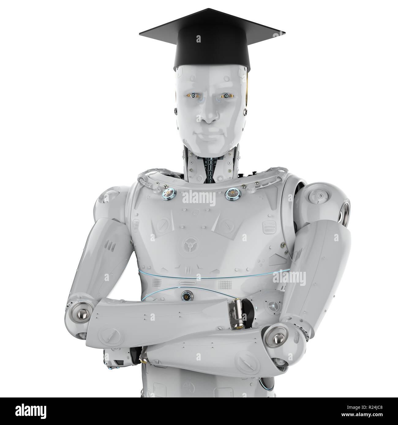 Machine learning concept with 3d rendering robot wear graduation cap ...