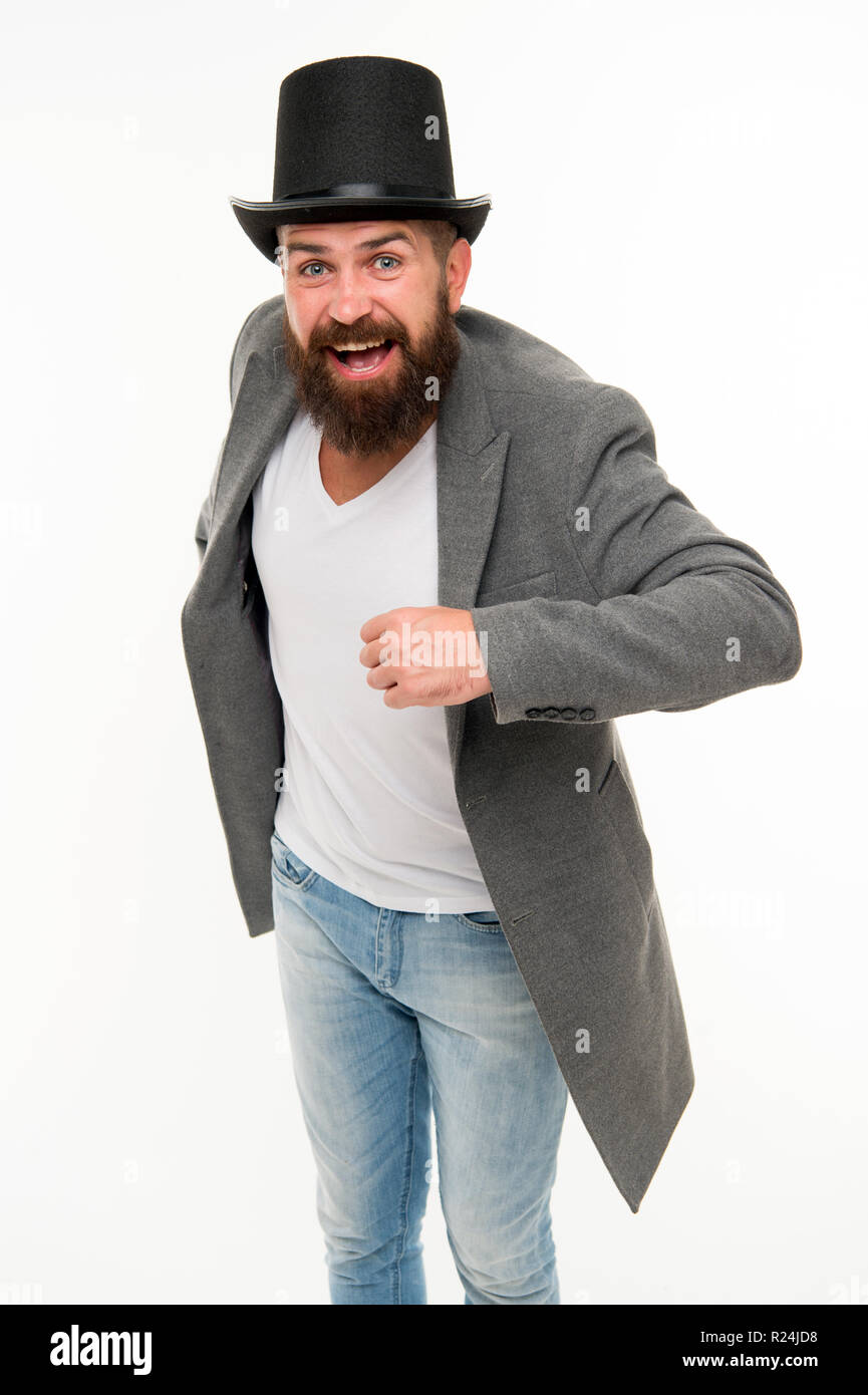 Man bearded guy cheerful face solve problem as magician. Magician ...