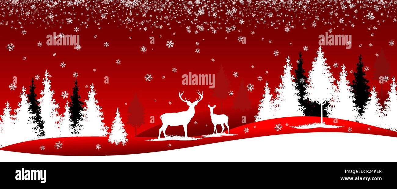 Winter landscape. Forest in winter. Trees, deer, snowflakes on a red ...