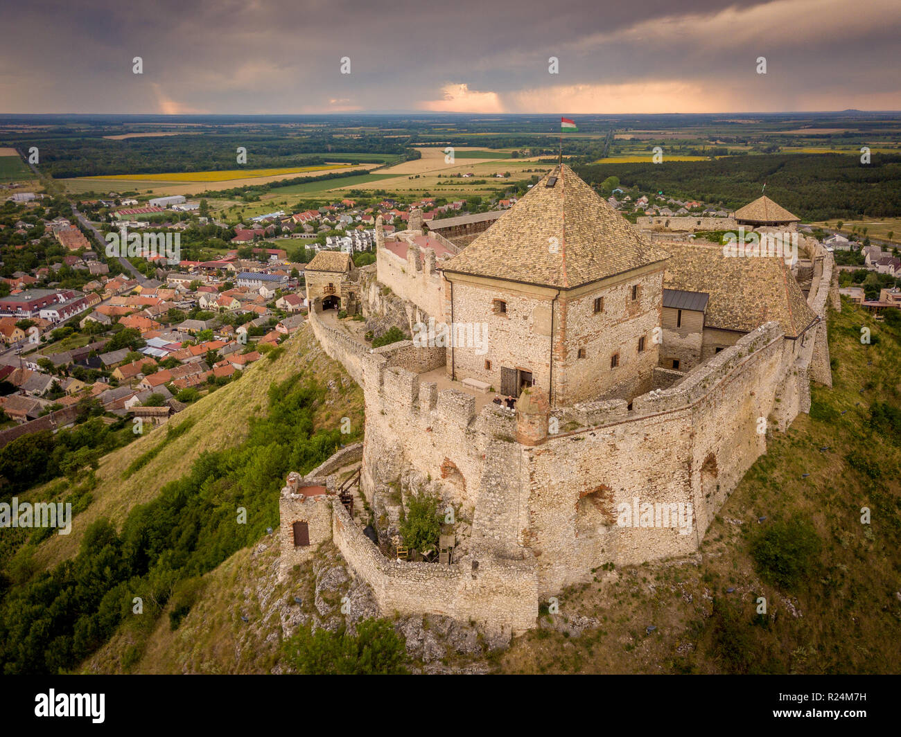 Aerial panorama of famous medieval castle ruin in Sumeg Hungary near ...