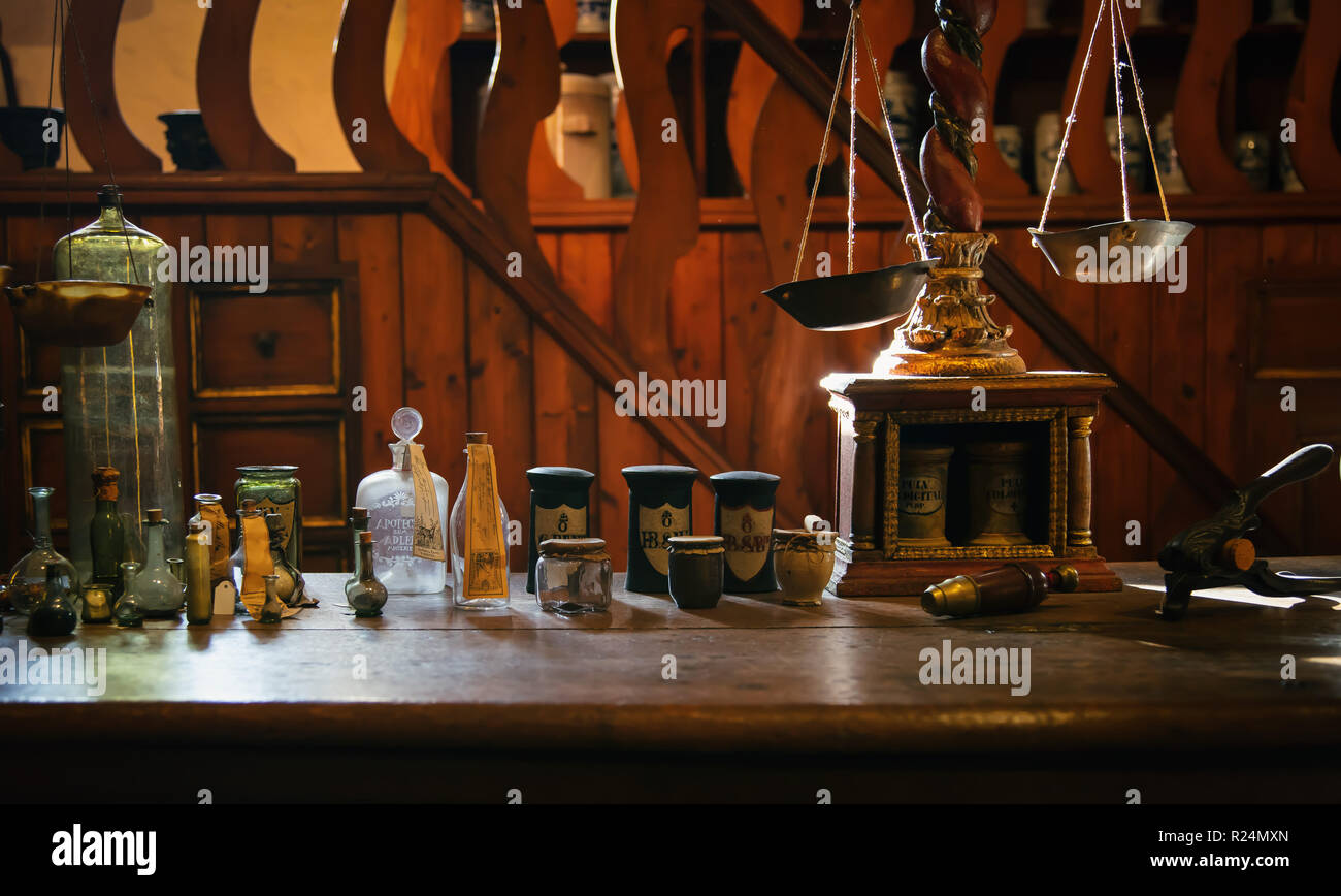 Old alchemist table Stock Photo - Alamy