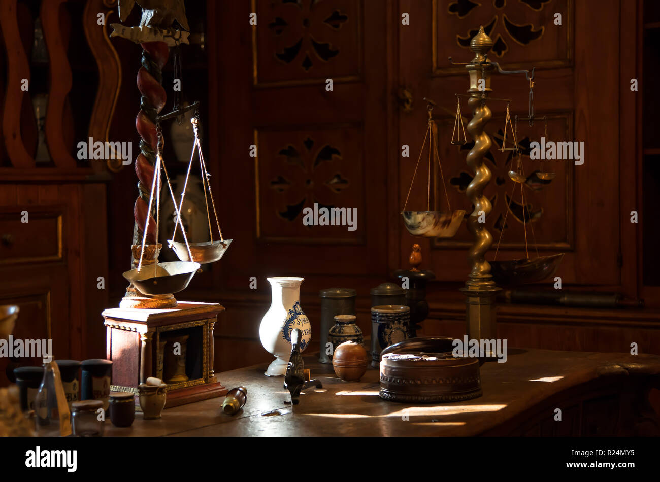 Old alchemist table Stock Photo - Alamy