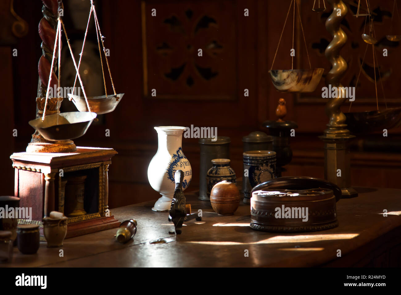Old alchemist table Stock Photo - Alamy
