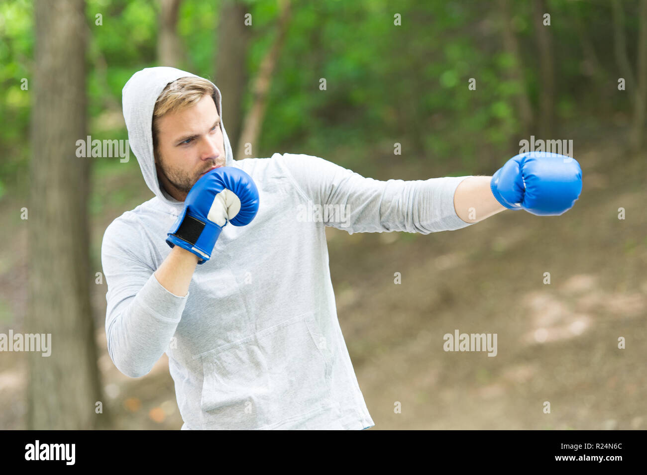 Sharpen defending skill. Sportsman concentrated training boxing gloves ...