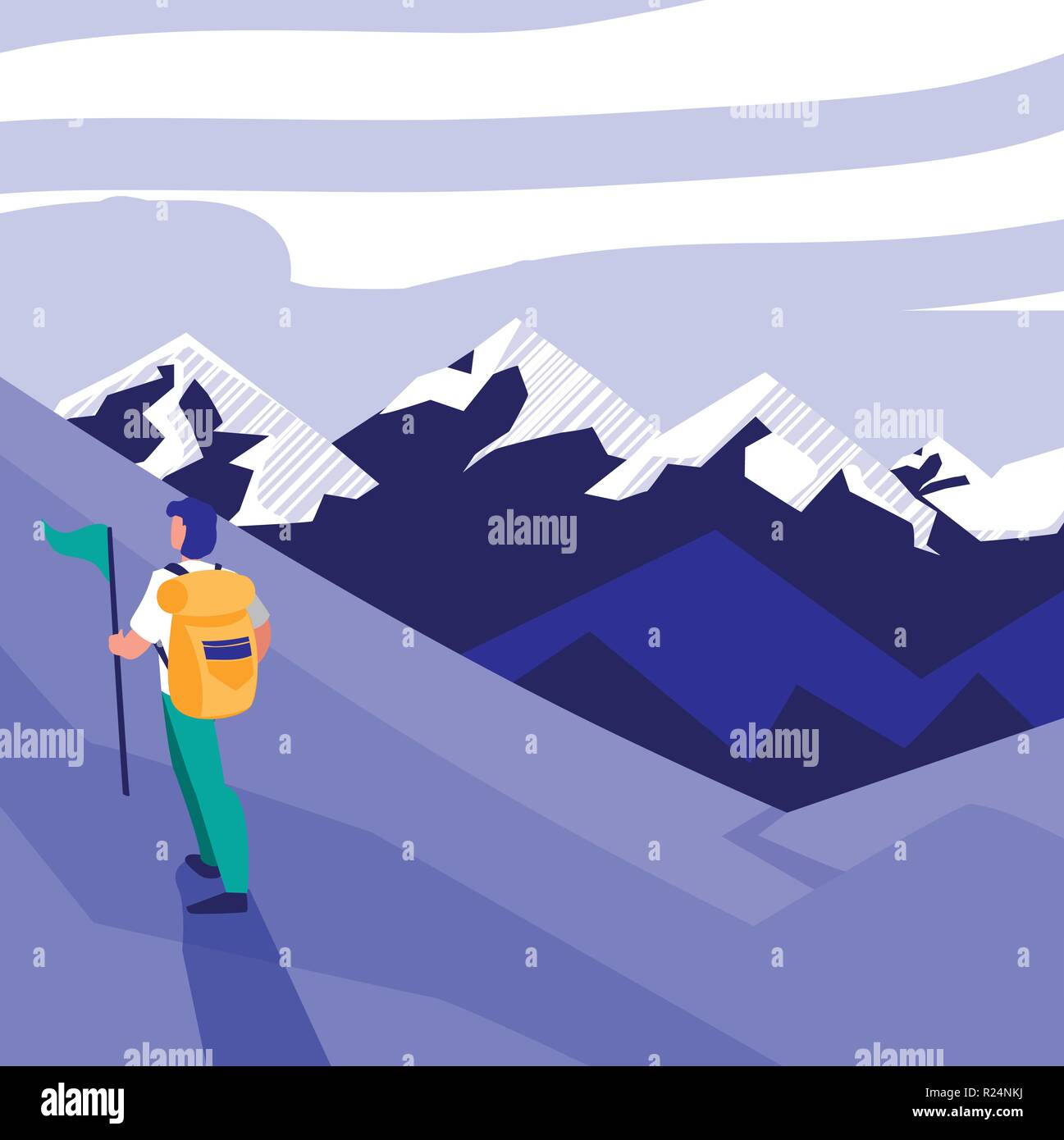Hiking man with backpack and flag over landscape background, vector ...