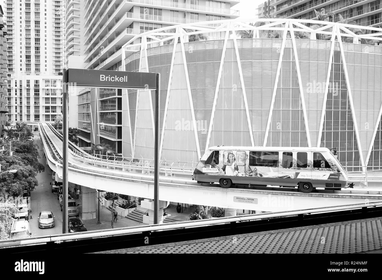 Miami, USA - October 30, 2015: train arrive at brickell station with ...