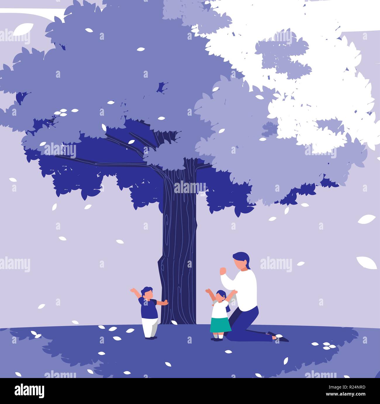 happy father with a kids under a tree over purple background, colorful ...