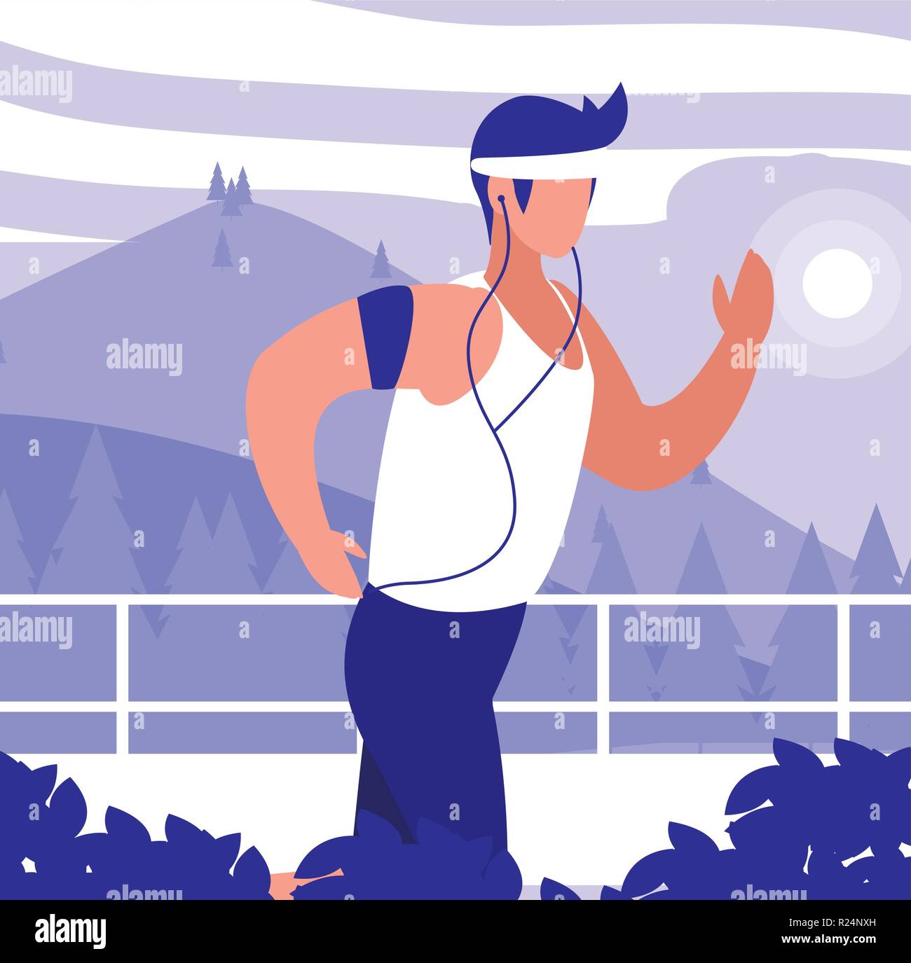 man running over mountains landscape background, colorful design ...