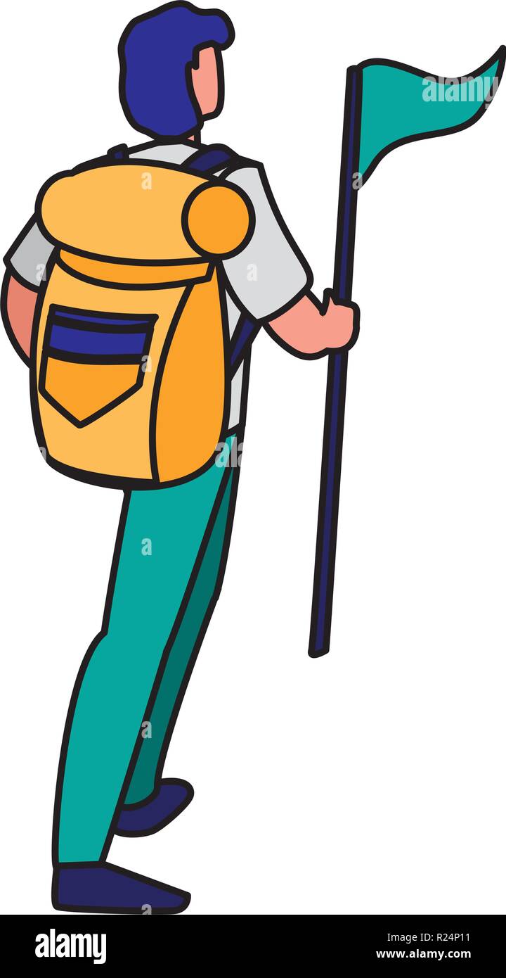 Hiking man with backpack and flag over white background, vector ...