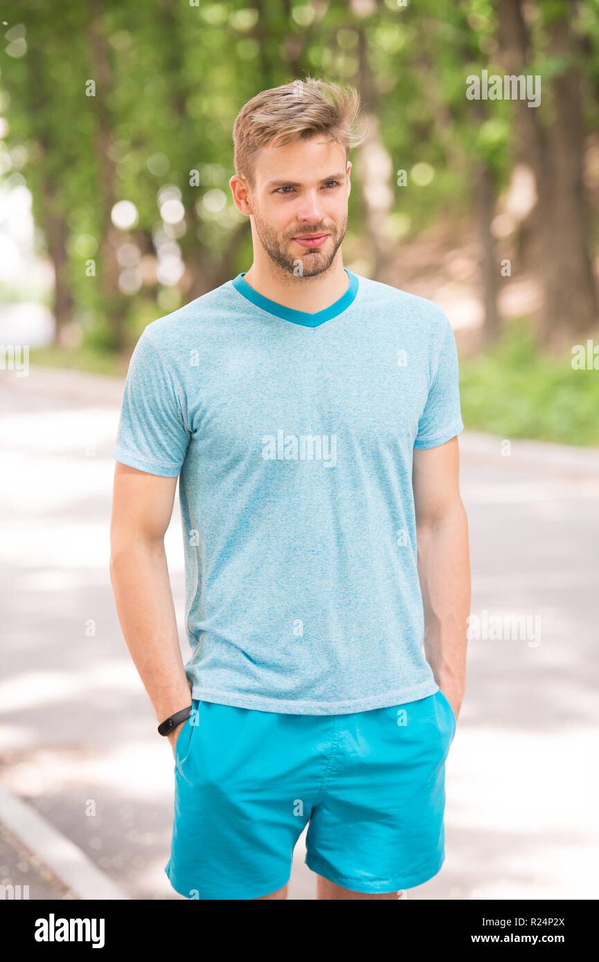 Enjoy wellbeing and healthy body. Man sporty outfit looks confident ...