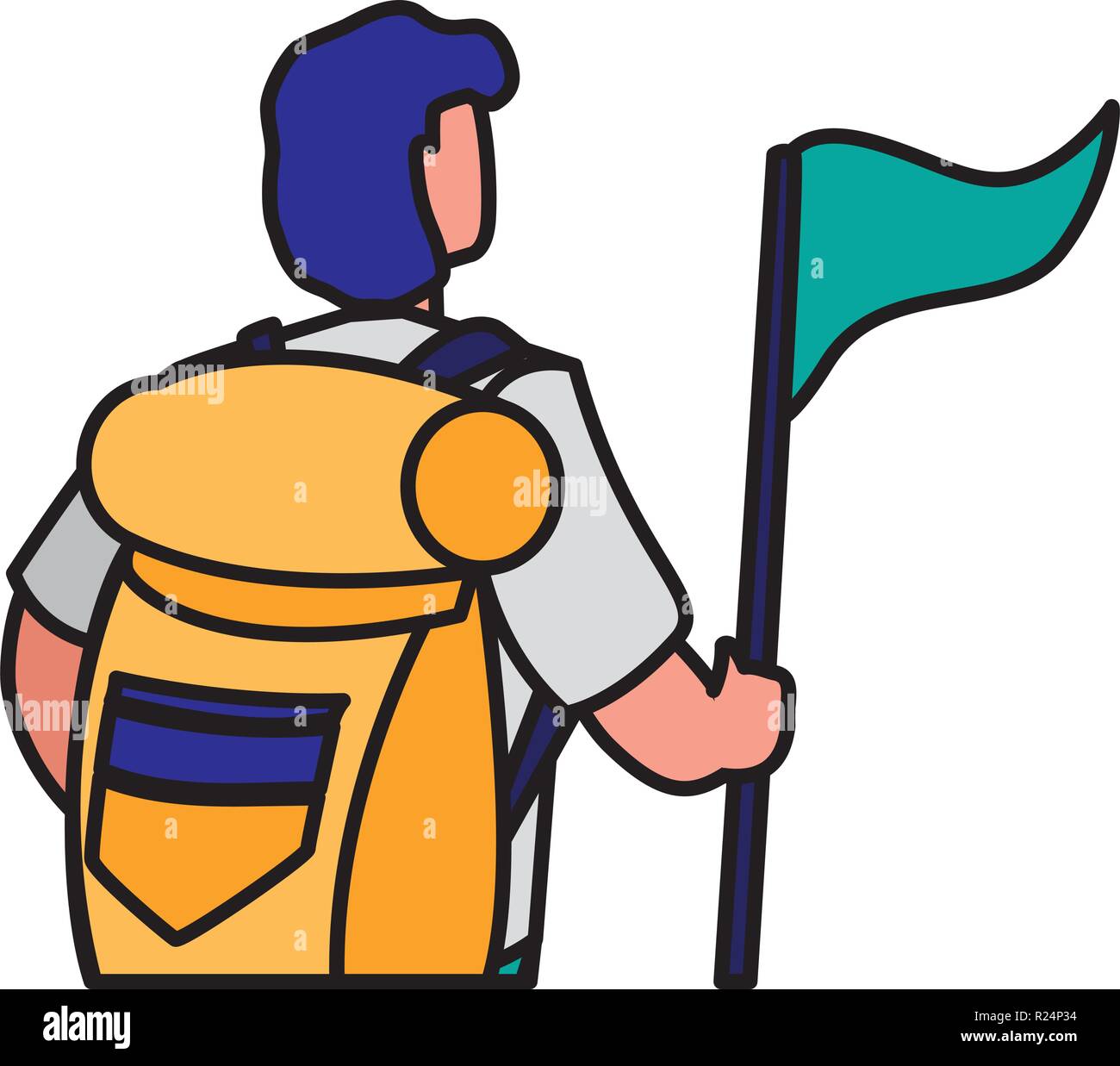 Hiking man with backpack and flag over white background, vector ...