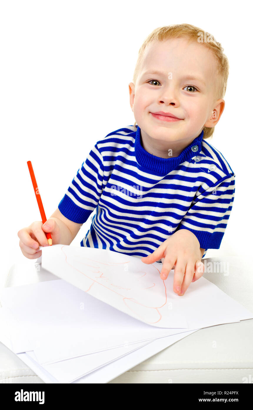 little boy draw picture isolated on a white background Stock Photo - Alamy
