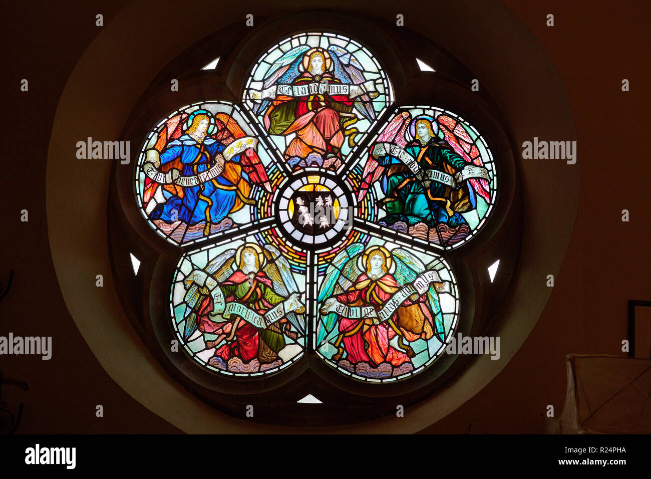 Stained glass window of five panels with angels (holding latin text ...