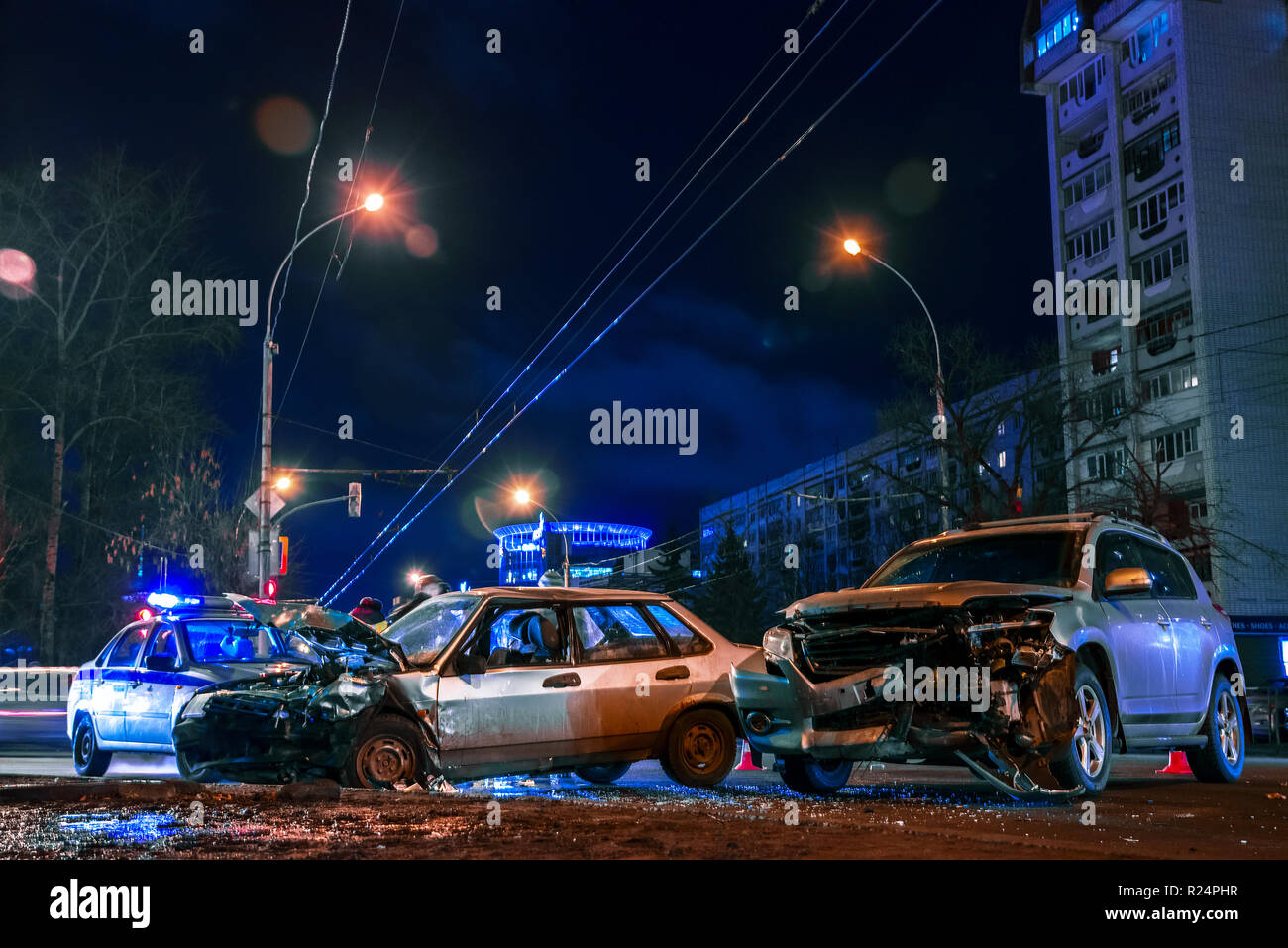 Accident cars on city road at night Stock Photo - Alamy