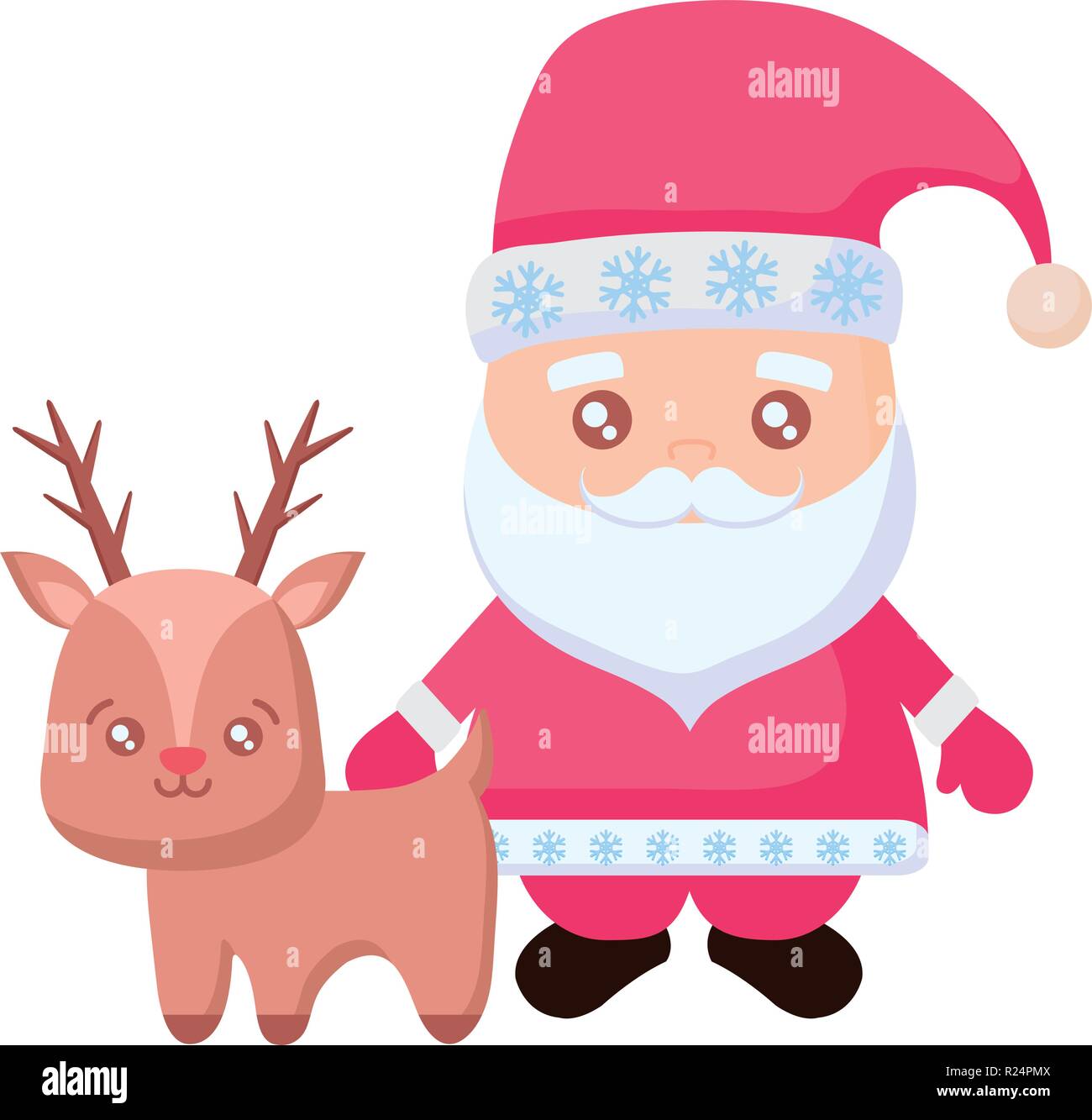 cartoon santa claus and deer over white background, vector illustration ...