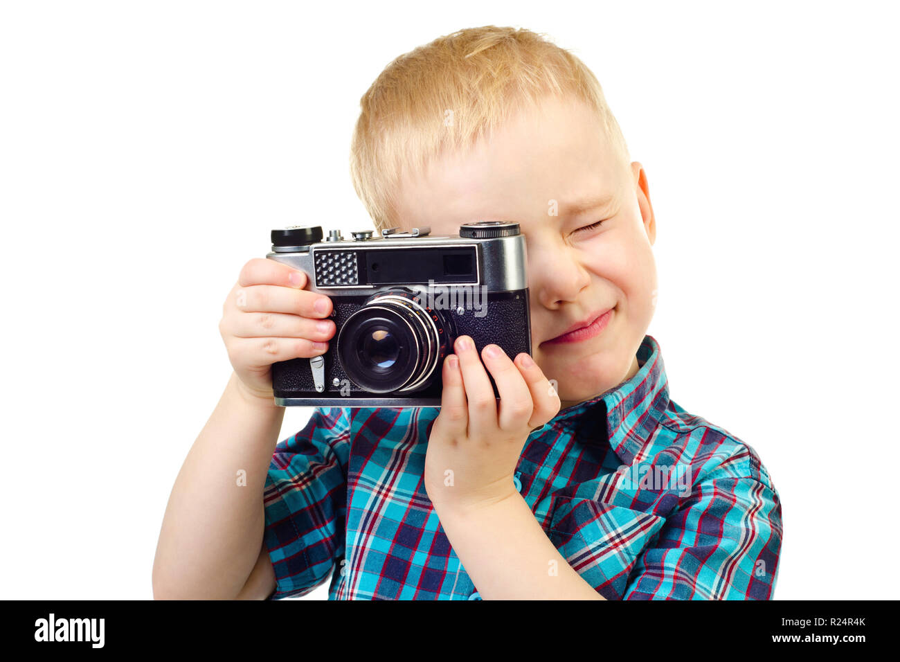 little boy with camera isolated on a white background Stock Photo - Alamy