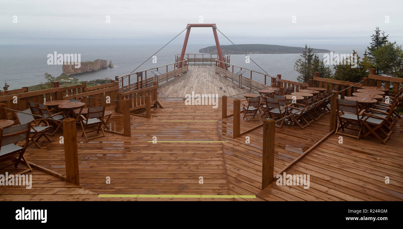 Misty day at the suspended glass platform in the Geopark de Perce ion ...