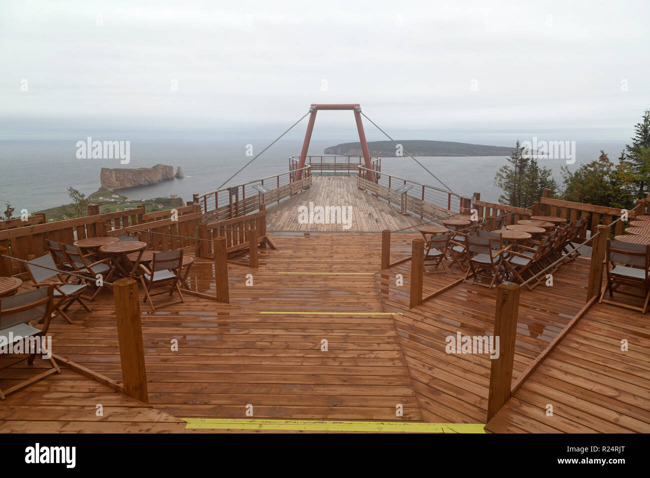 Misty day at the suspended glass platform in the Geopark de Perce ion ...