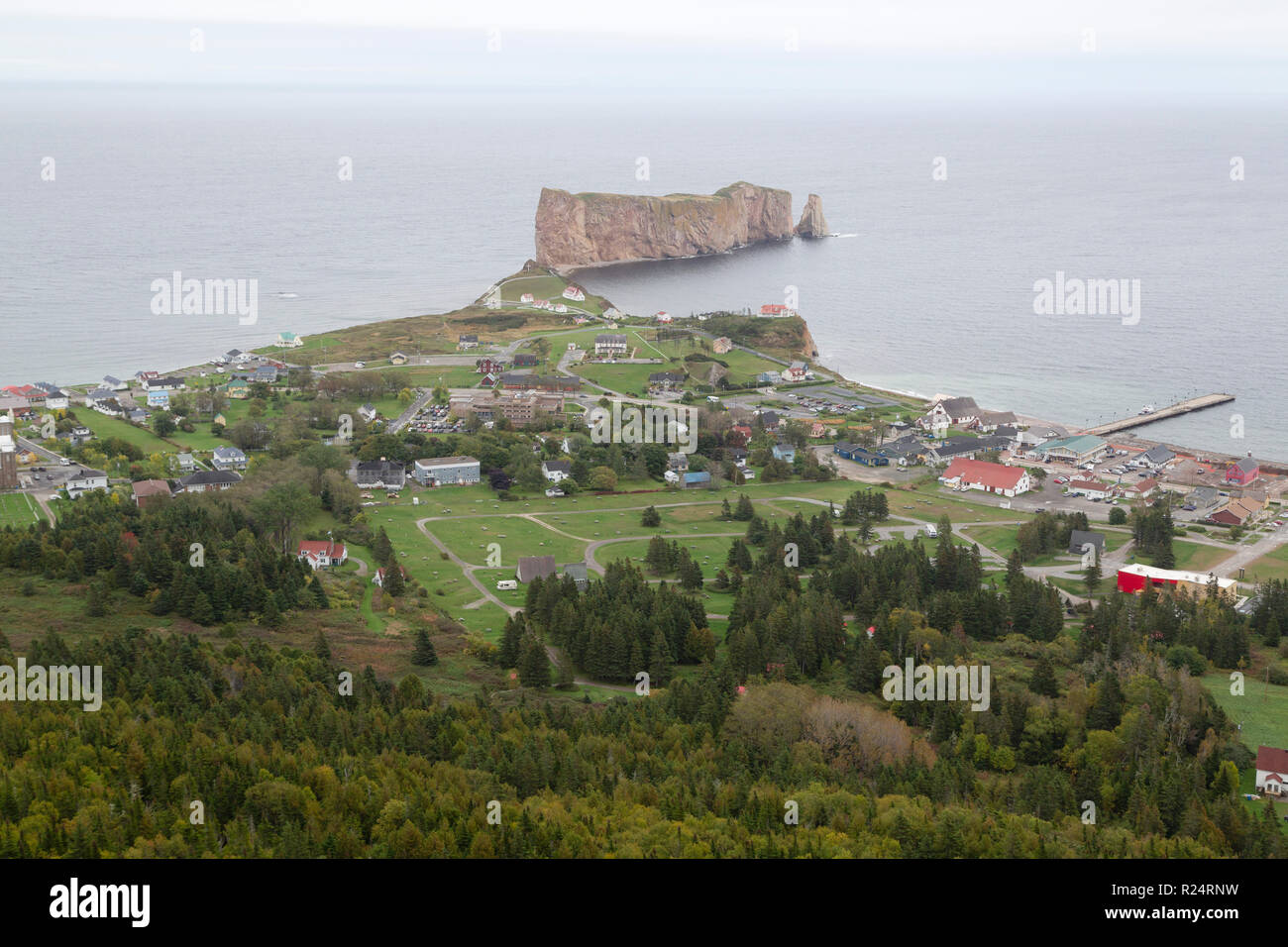 Buildings in the city of Perce and the Perce Rock in Quebec, Canada ...