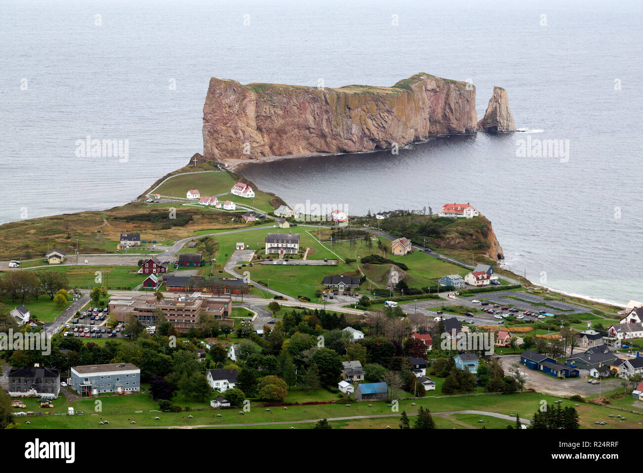 Buildings in the city of Perce and the Perce Rock in Quebec, Canada ...