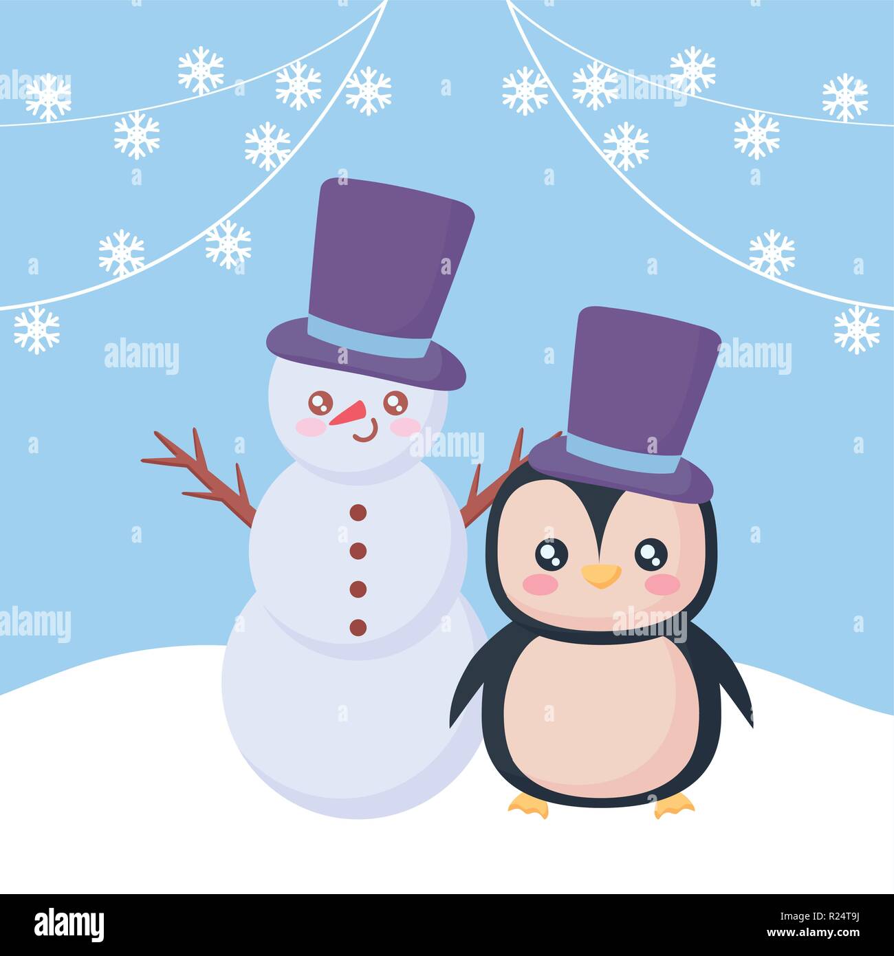 cartoon snowman and christmas penguin over blue background, vector ...