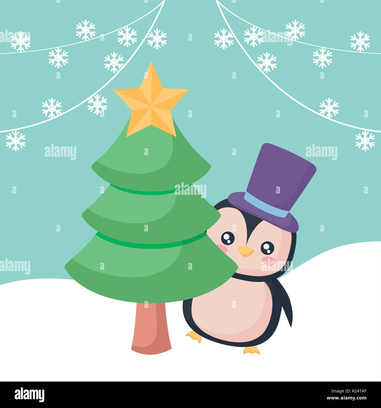 christmas pine with cute penguin over blue background, vector ...