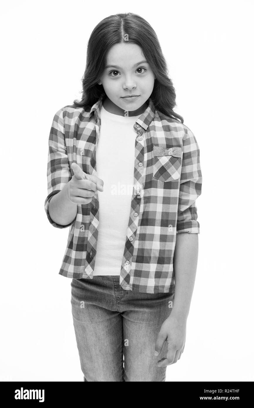 Kid point finger isolated on white. Little child with cute face and ...