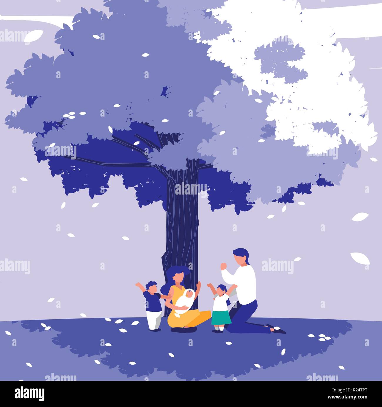happy family with kids under a tree over purple background, colorful ...